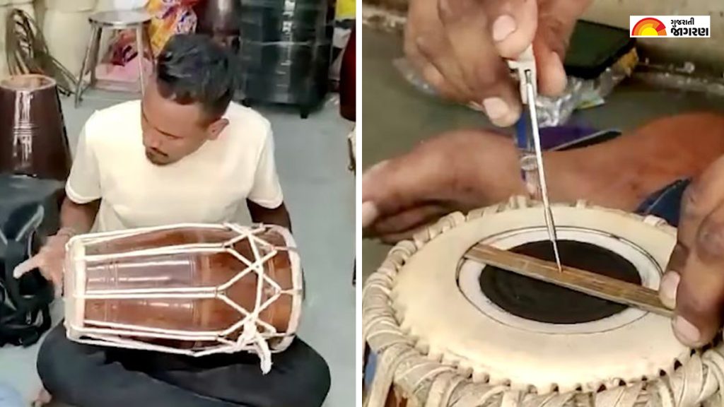 નવરાત્રી મહોત્સવ દરમિયાન ઢોલ, નગારા અને તબલાના ચર્મ વાદ્ય તૈયાર કરવામાં ...